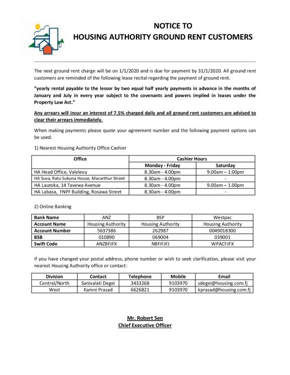 Notice To Ground Rent Customers - Housing Authority of Fiji