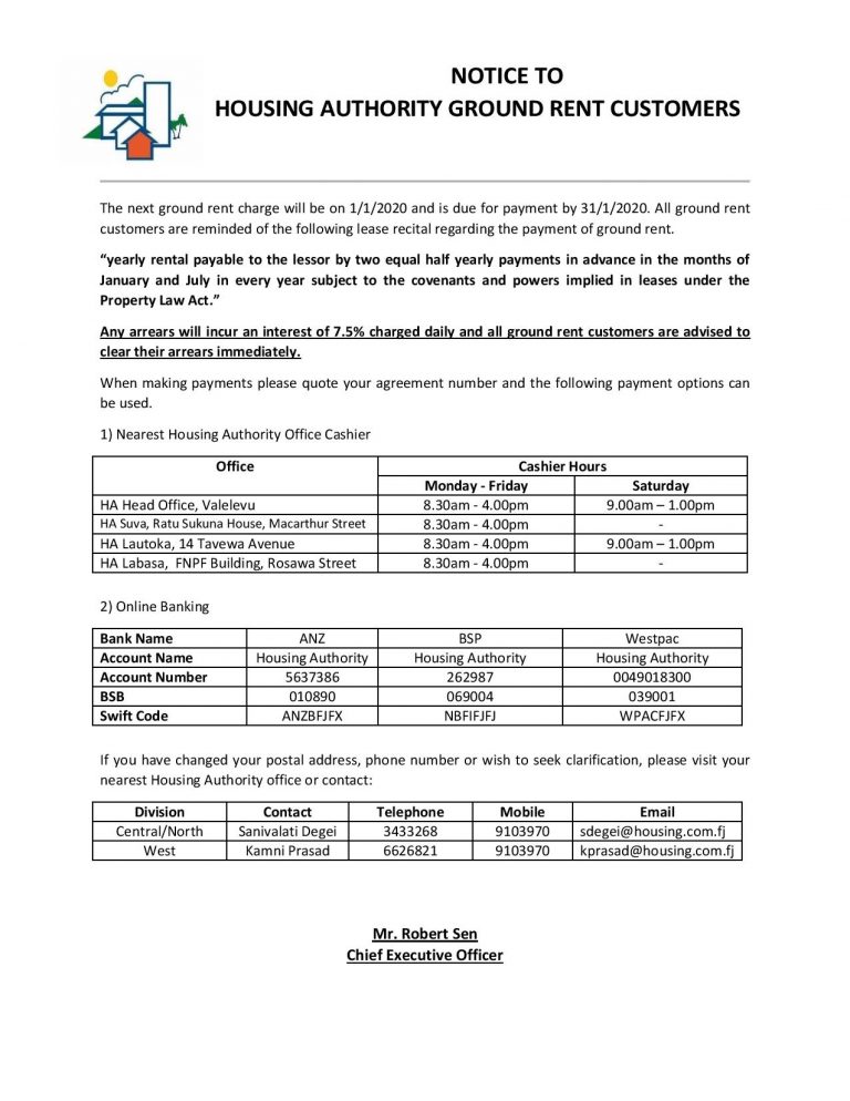 Notice To Ground Rent Customers - Housing Authority of Fiji